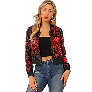 Allegra K Women's Halloween Sequin Jacket 2024 Fall Party Shiny Glitter Sparkly Bomber Jackets Medium Red