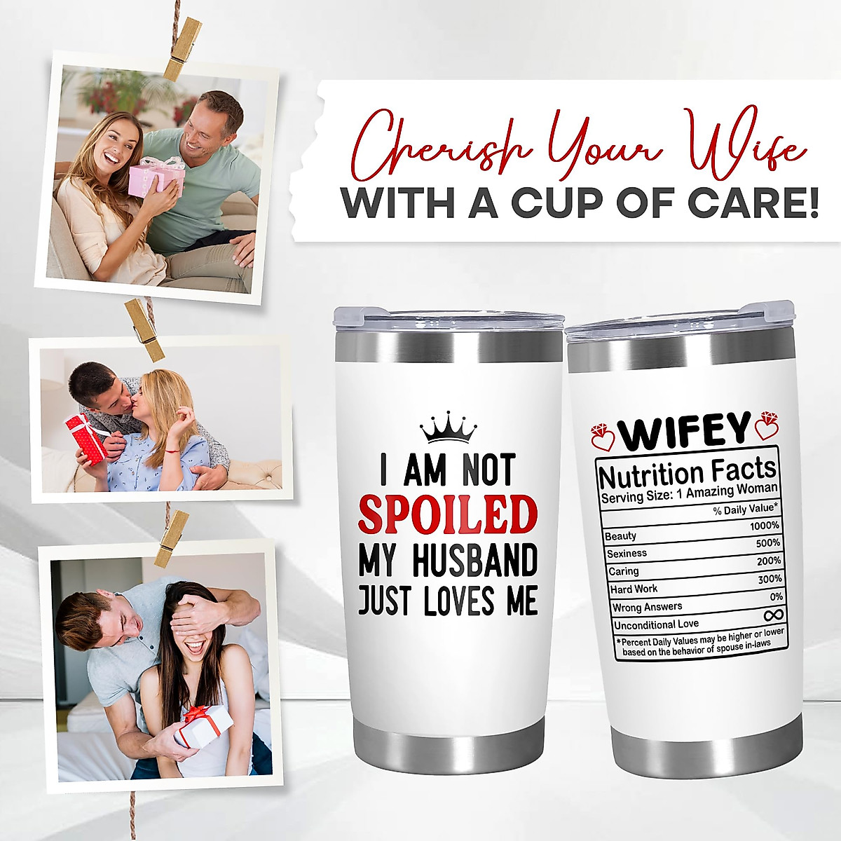 TEEZWONDER Anniversary Wedding Gifts for Her Wife - Stainless Steel Insulated Coffee Tumbler With Lid 20 Oz - Mothers Day Birthday Gifts for Women Wife from Husband