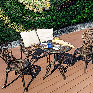 Sundale Outdoor 4 Piece Bistro Set, Cast Aluminum Umbrella Table Chair Loveseat Furniture All Weather Resistant Antique Finish Patio Conversation Set for Balcony Porch Yard Bronze Rose