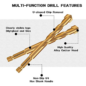 【 New 】 6pcs Golden Masonry Drill Bits Set, Mgtgbao Ceramic Tile Drill Bits Carbide Tip for Glass, Brick, Tile, Concrete, Plastic and Wood with Size 6mm(1/4”), 8mm (5/16”), 10mm (3/8”), 12mm (1/2”).