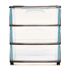 HOMZ Plastic 3 Drawer Wide Cart, Black Frame, Clear Drawers, 4 Casters included, Set of 1