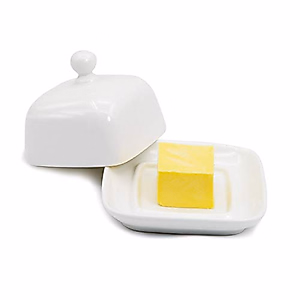 NAGU Mini Square Butter Dish with Lid, White Procelain Domed Cheese Dish with Handle Individual Serving Small Butter Tray, Cute Ceramic Dessert Serving Bowl for Table, Countertop, Refrigerator