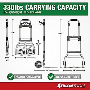 ATHLON TOOLS Aluminium Foldable Hand cart - Up to 330 lb - Smooth-Running Wheels with Soft treads - incl. 2 Expanding Cords