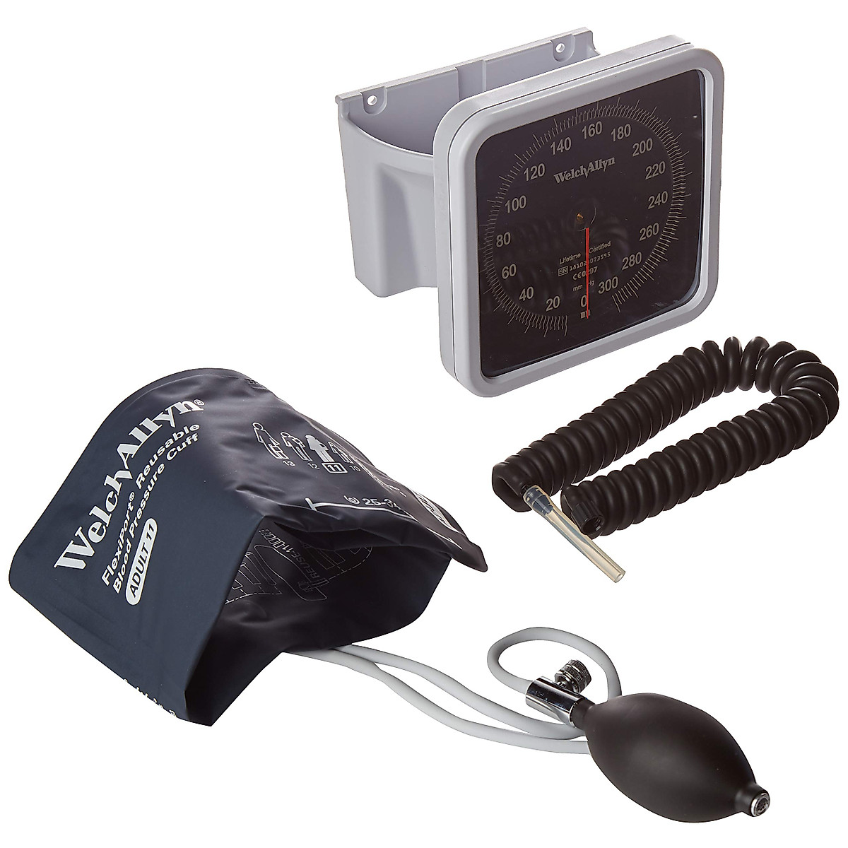 Welch Allyn 7670-01 Wall Aneroid Sphygmomanometer with Size-11 Adult, FlexiPort Reusable, 2-Tube Cuff; Premium Inflation Bulb and Valve, Coiled Tube