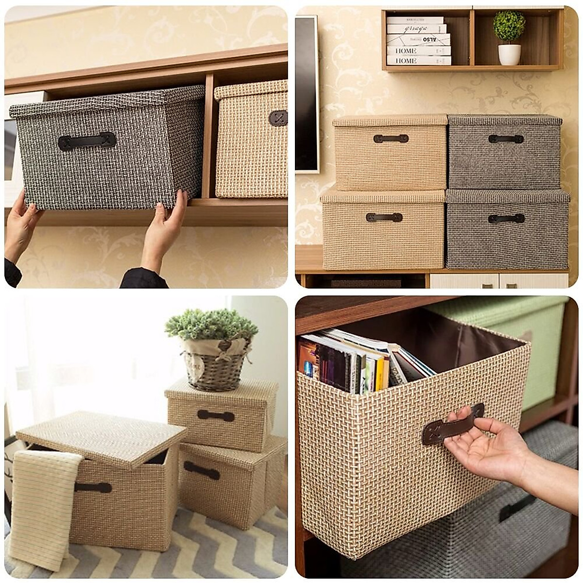 HUATK 2 Pack Decorative Storage Boxes with Lids Storage Woven Baskets for Shelves, Closet Organization Bins for Office, Bedroom, Closet, Toys (Khaki)