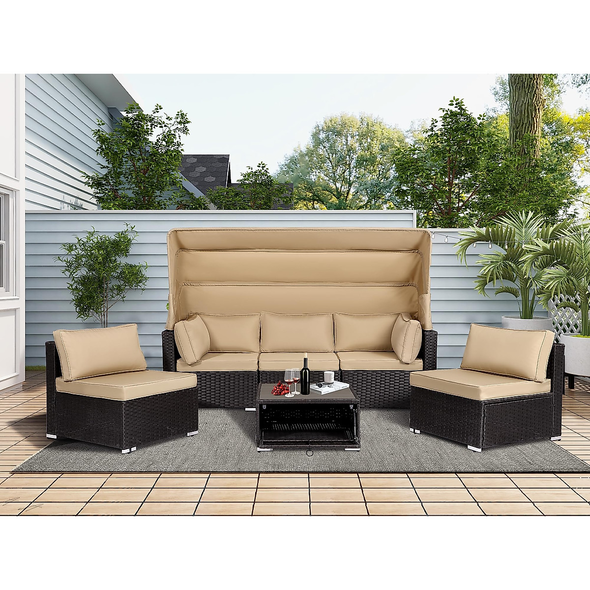 MAGIC UNION 6 Pieces Patio Furniture Sets Daybed with Retractable Canopy, Outdoor Rattan Sectional Sofa Set, Wicker Patio Seating Chairs with Adjustable Backrest for Backyard,Garden,Poolside (Khaki)