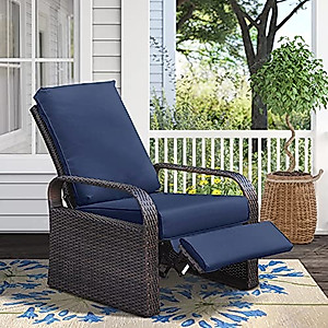 ATR ART TO REAL Outdoor Recliner, Set of 2 Wicker Reclining Chair with Coffee End Side Table, Aluminum Frame Patio Chaise Lounge Chairs with Thicken Cushions (Navy)