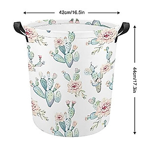 RENJUNDUN Watercolor Cactus Laundry Basket Foldable Laundry Hamper with Handles Collapsible Laundry Bucket for Toy Clothes Book, 17.3'' H x 16.5''D