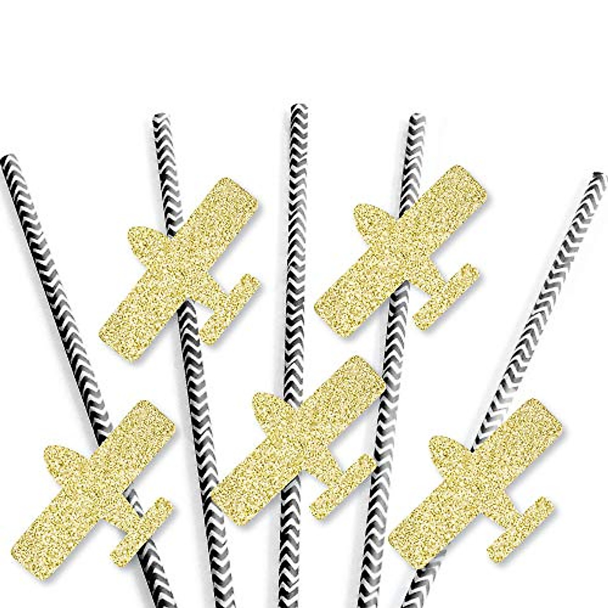 Gold Glitter Airplane Party Straws - No-Mess Real Gold Glitter Cut-Outs and Decorative Baby Shower or Birthday Party Paper Straws - Set of 24