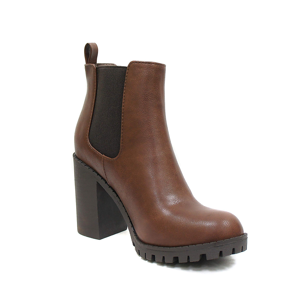 Soda Glove - Ankle Boot w/Lug Sole Elastic Gore and Chunky Heel (7.5, Brown (PU))