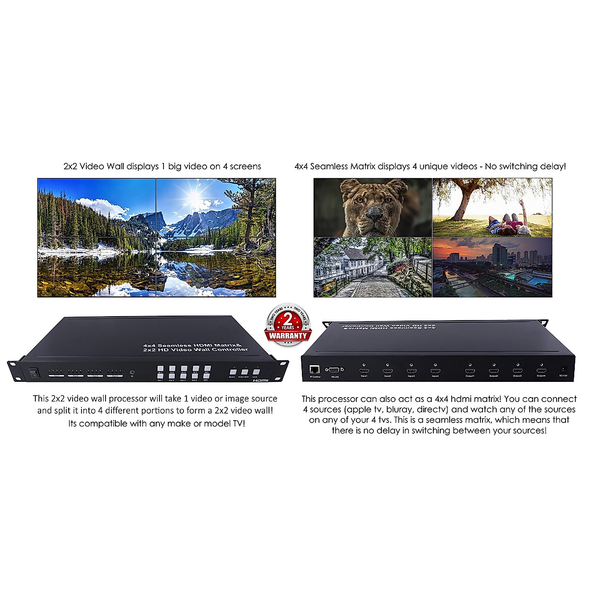 2x2 Video Wall & 4x4 Seamless HDMI Matrix Switcher Processor 1080P HD Splicer Splitter Four Displays