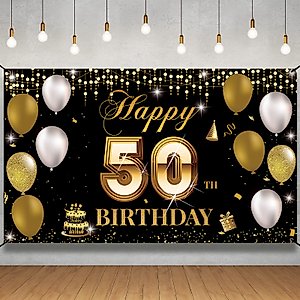 HTDZZI 50th Birthday Banner Backdrop, Happy 50th Birthday Decoration Men Women, 50 Year Old Birthday Party Yard Sign Black Gold, 50th Birthday Photo Booth Props Decor, Fabric, 6.1ft x 3.6ft