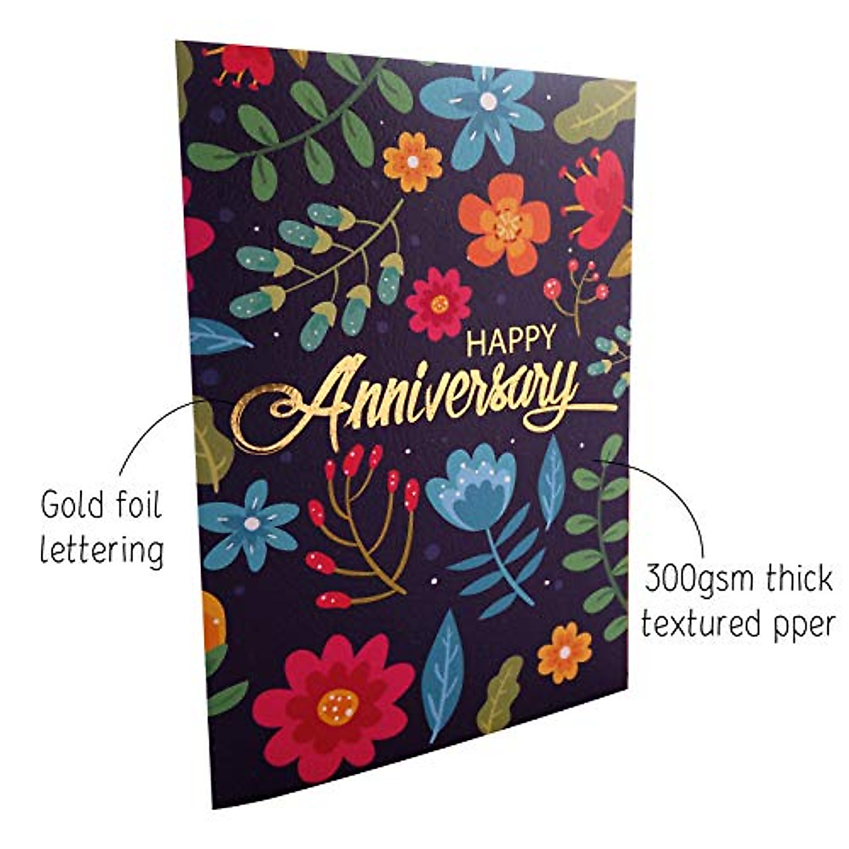 Anniversary Card - Gold Foil Multicolored Floral Dark Blue Textured Greeting Card with Kraft Envelope - 5" x 7" - Happy Anniversary Card For Couple, Valentine, Employee, Him or Husband - Blank Inside