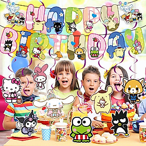Kawaii Birthday Party Supplies Banner and 8*Hanging Swirls for Kuromi and My Melody Birthday Decorations, Kids Boys and Girls for Kitty and Friends Birthday Party Decorations Happy Theme.