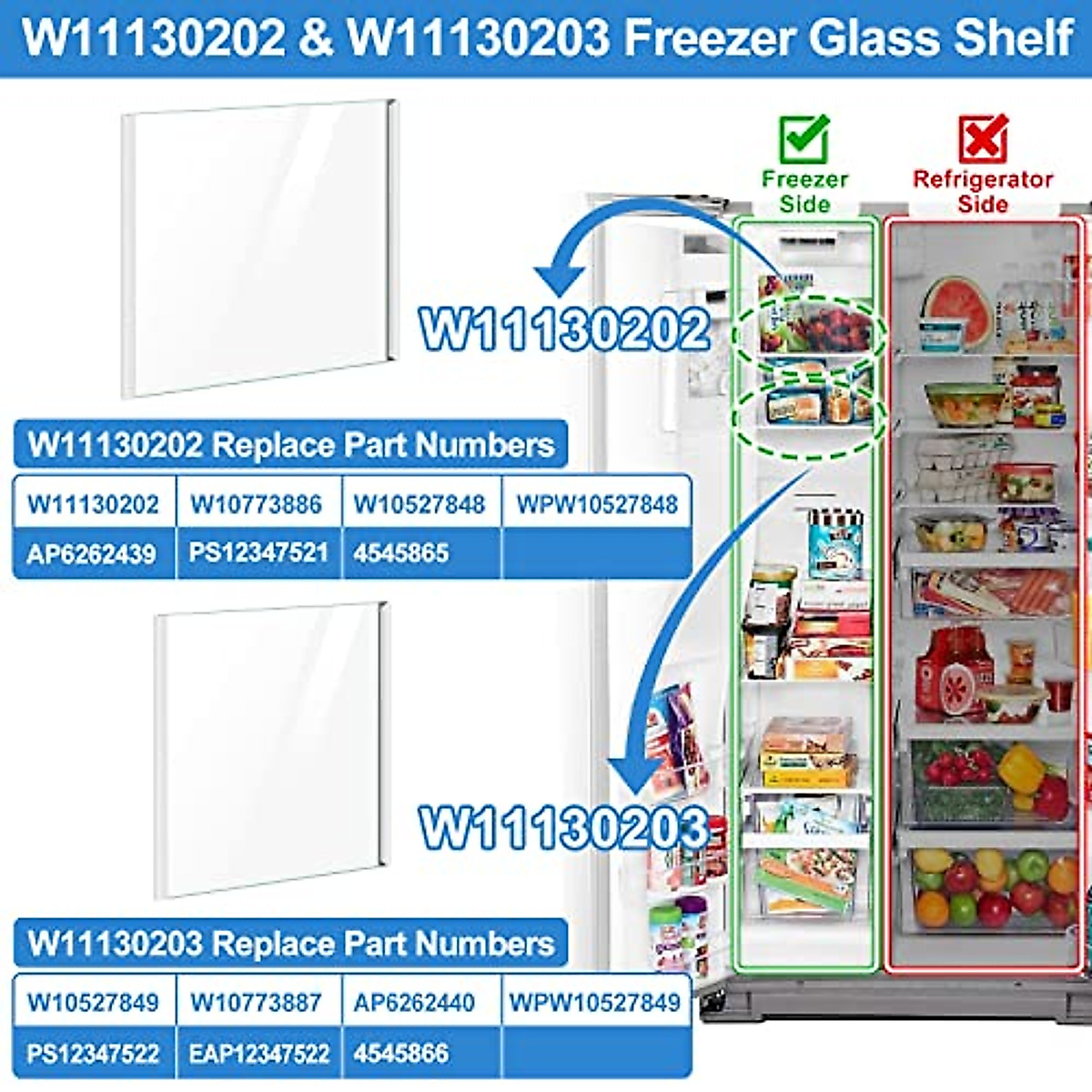 UPGRADED W11130202 Freezer Glass Shelf & W11130203 Freezer Shelf Replacement Compatible with Whirlpool Refrigerator Freezer Shelf Replacement,Fridge Tempered Glass Freezer Shelf,WRS571CIHZ Glass Shelf