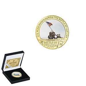5pcs Coins Set with Metal Case, Marine Corps Raising The Flag On Iwo Jima,Battle of Iwo Jima Commemorative Coins,US Vs Japan Military Army Gold Plated Challenge Coins,Souvenir Gift for Collection