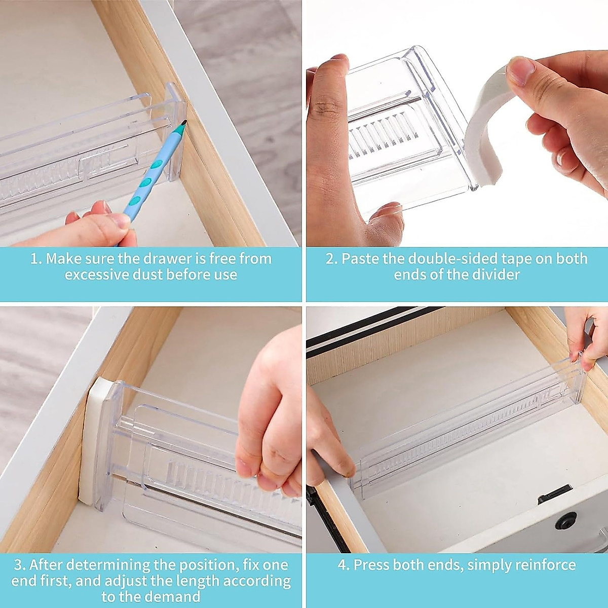 WJWSKI Drawer Dividers Organizers 4 Set, 11-20" Adjustable Dresser Drawers Dividers, 3.2" High Drawer Separators for Clothing Storage, Plastic Expandable Drawer Divider for Kitchen Utensils (Clear)