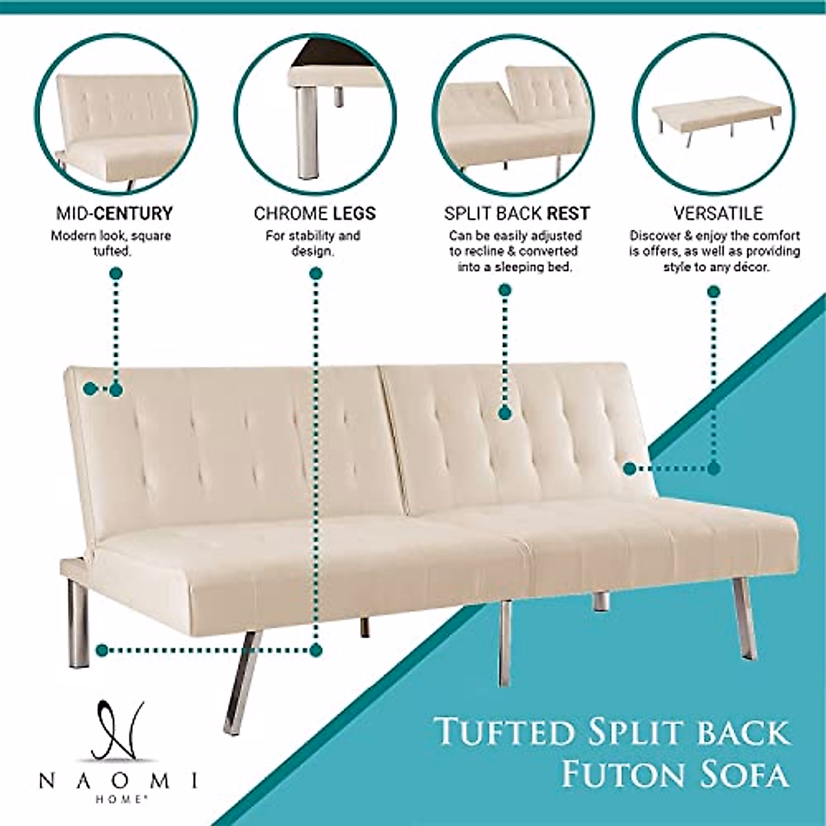 Naomi Home Split Back Faux Leather Leather Futon Sofa (Split Back with Armrest, Cream)