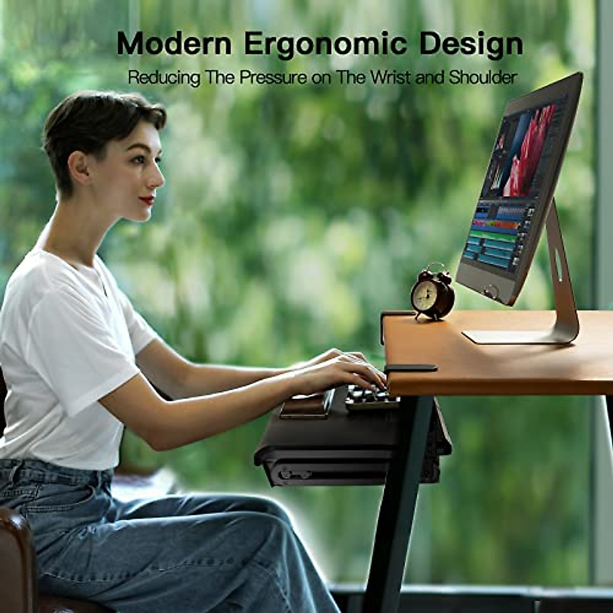 HUANUO Keyboard Tray, Pull Out Drawer Under Desk - Keyboard Tray Under Desk Slide, w/Storage Organizer, Computer Keyboard Stand w/Extra Sturdy C Clamp (32.28" Including Clamps)