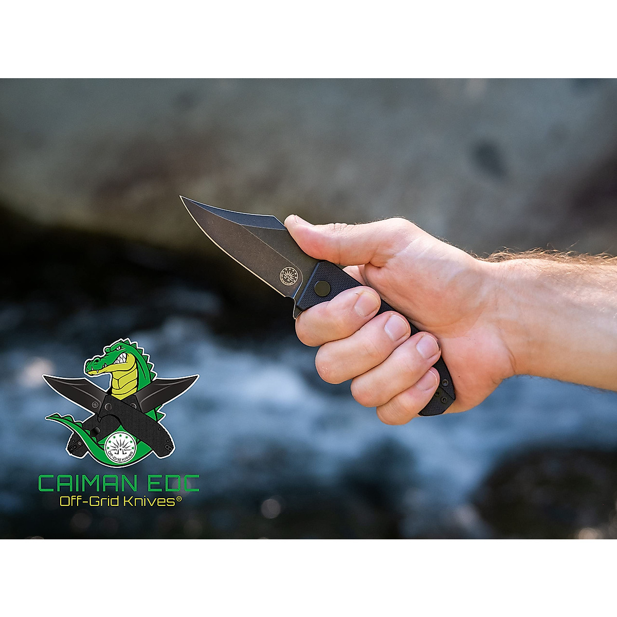 Off-Grid Knives - Caiman EDC, D2 Bowie Blade Folding Knife w/ G10 Scales, Bearings, Deep Clip, Left or Right Hand Carry