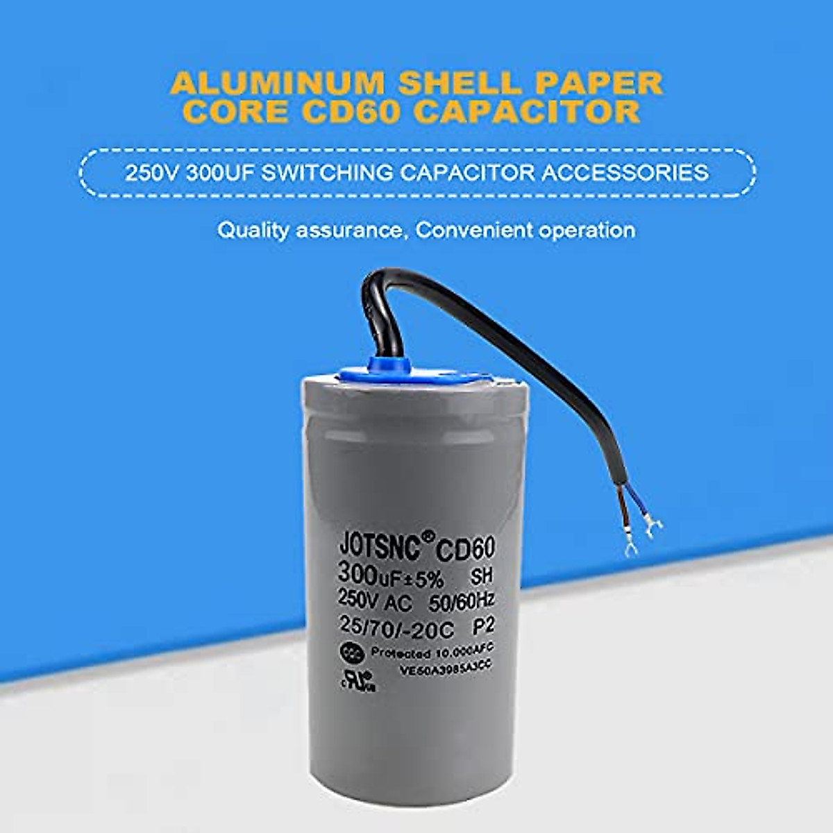 300UF CD60 Motor Start Capacitor with Wire Cable, 250V AC 50/60HZ Cylindrical Capacitor for Motor Start, Washing Machines, Air Conditioners and Water Pumps