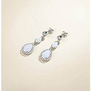 FANCIME October Birthstone Earrings Created Opal Dangle Earrings Sterling Silver 2 Stones White Fire Opal Halo Cubic Zirconia Long Teardrop Earrings for Women