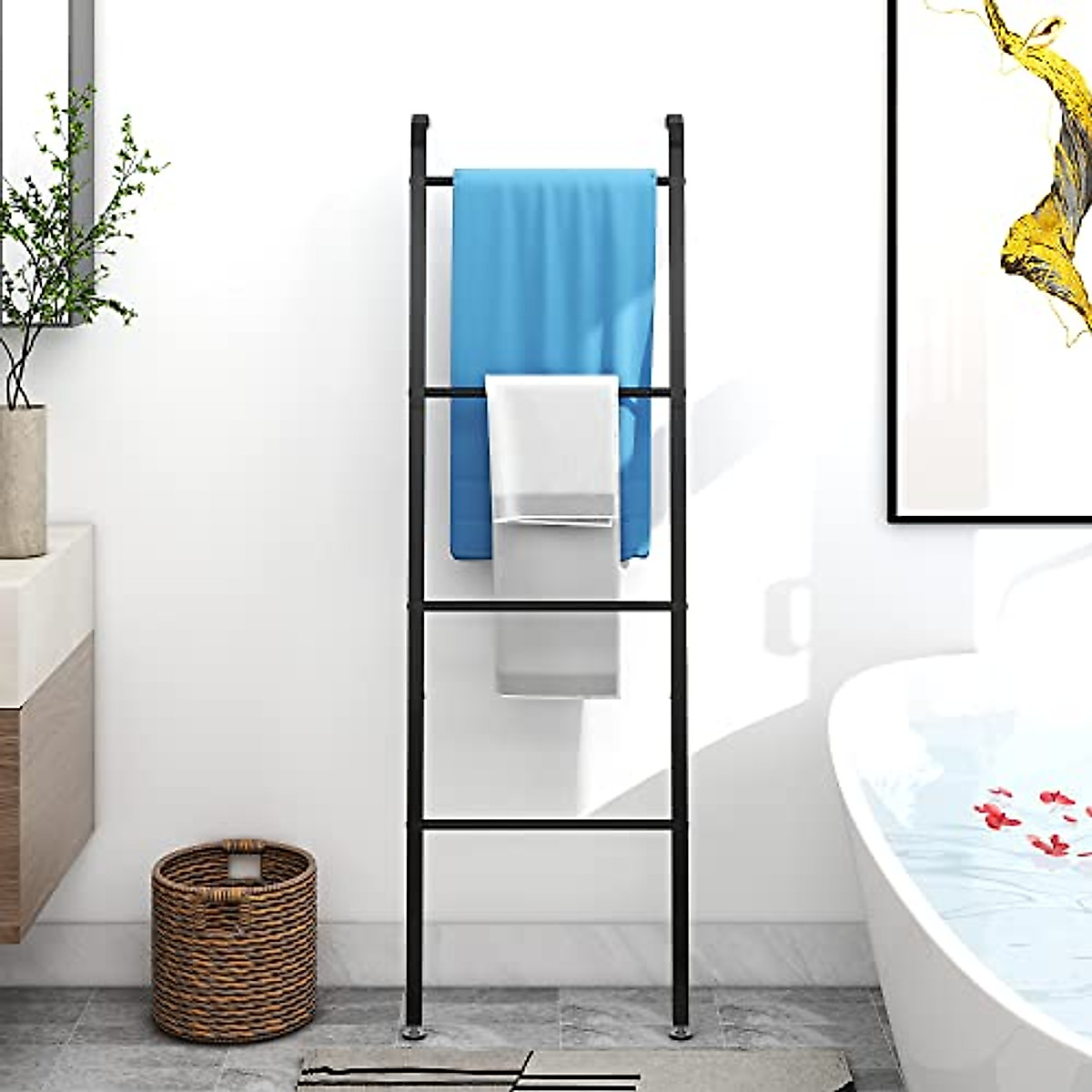 Metal Blanket Ladder Holder Free Standing Wall Leaning Holder Rack Outdoor Towel Rack Scarf Rack Coat Rack Decorative Metal Towel Rack for Pool Living Room Bathroom 4 Tiers Black