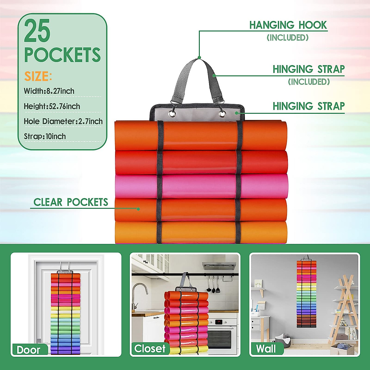 ZHIBEIYOU Vinyl Roll Holder, Vinyl Storage Organizer Wall Mount/Over The Door, Vinyl roll Storage, Craft Vinyl Storage Organizer Idea with 25 Compartments