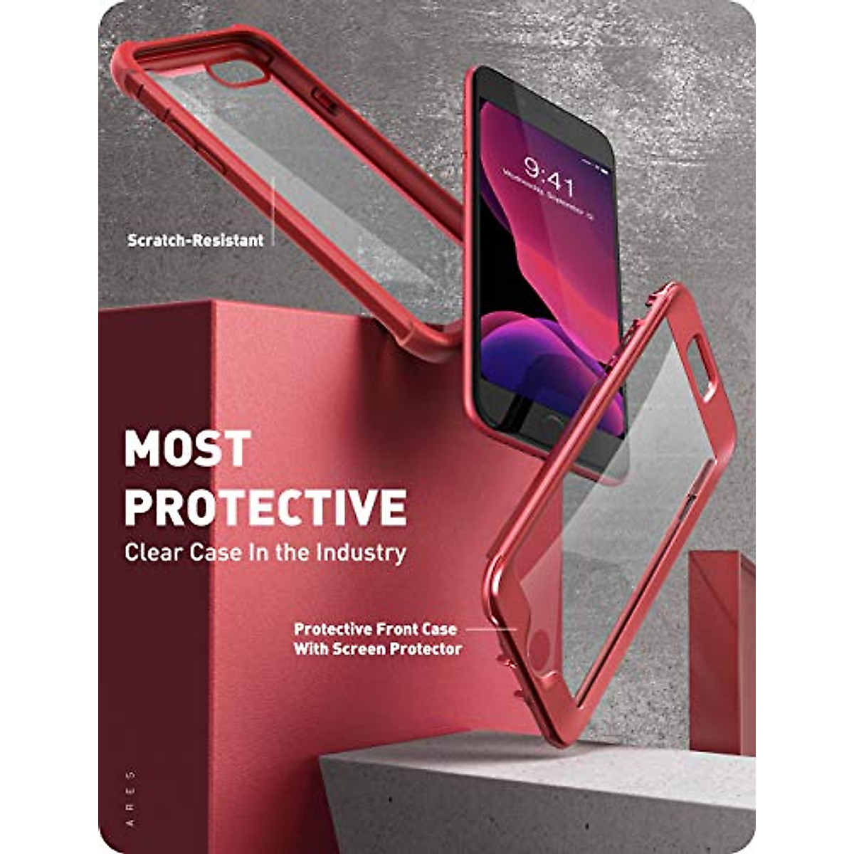 i-Blason Ares for iPhone SE Case 2022 (3rd Gen), [Built-in Screen Protector] Dual Layer Rugged Clear Bumper Case for iPhone SE 2022/ iPhone SE 2020/ iPhone 8/ iPhone 7 (Red)
