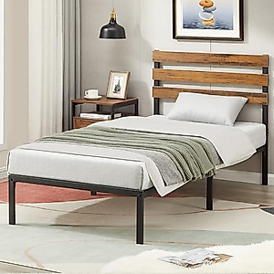 GreenForest Twin Bed Frame with Wooden Headboard Platform Bed with Metal Support Slats NO-Noise Heavy Duty Bed Industrial Country Style with 9 Strong Legs No Need Box Spring, Twin