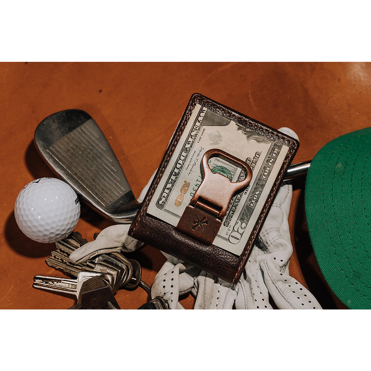 House of Jack Co. Bottle Opener Bifold Money Clip Wallet | Front Pocket Wallet | Novelty Bifold with Money Clip | Full Grain Leather