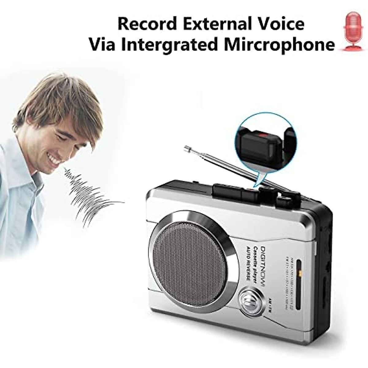 Walkman Cassette Player Tape Recorder with AM/FM Radio, Portable Retro Voice Cassette Tape Player with Headphone Jack/Speaker, Built-in Microphone, Powered by 2 AA Battery or DC