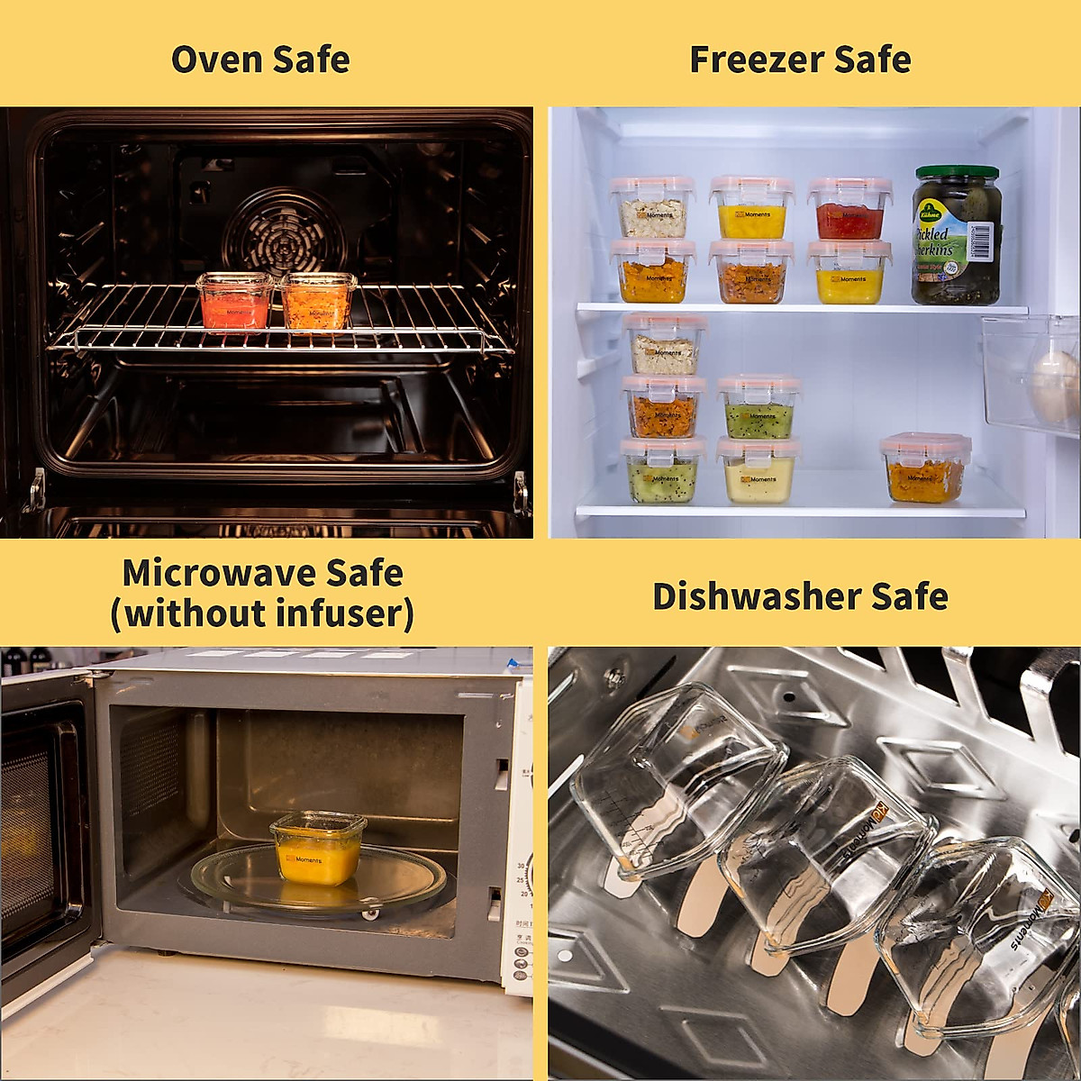 KidMoments 6 oz Set of 12 Glass Baby Food Jars, Glass Containers with Airtight Lids for Toddler, Reusable Leakproof Baby Bullet Jars with Small Size, Oven, Freezer, Microwave & Dishwasher Safe