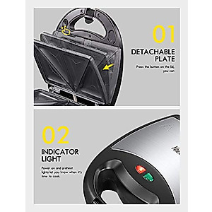 Sandwich Maker 3 in 1, Waffle Make with Removable Plate, Electric Panini Press Grill, Sandwich Toaster with Detachable Non-stick Coating, LED Indicator Lights, Cool Touch Handle, Black