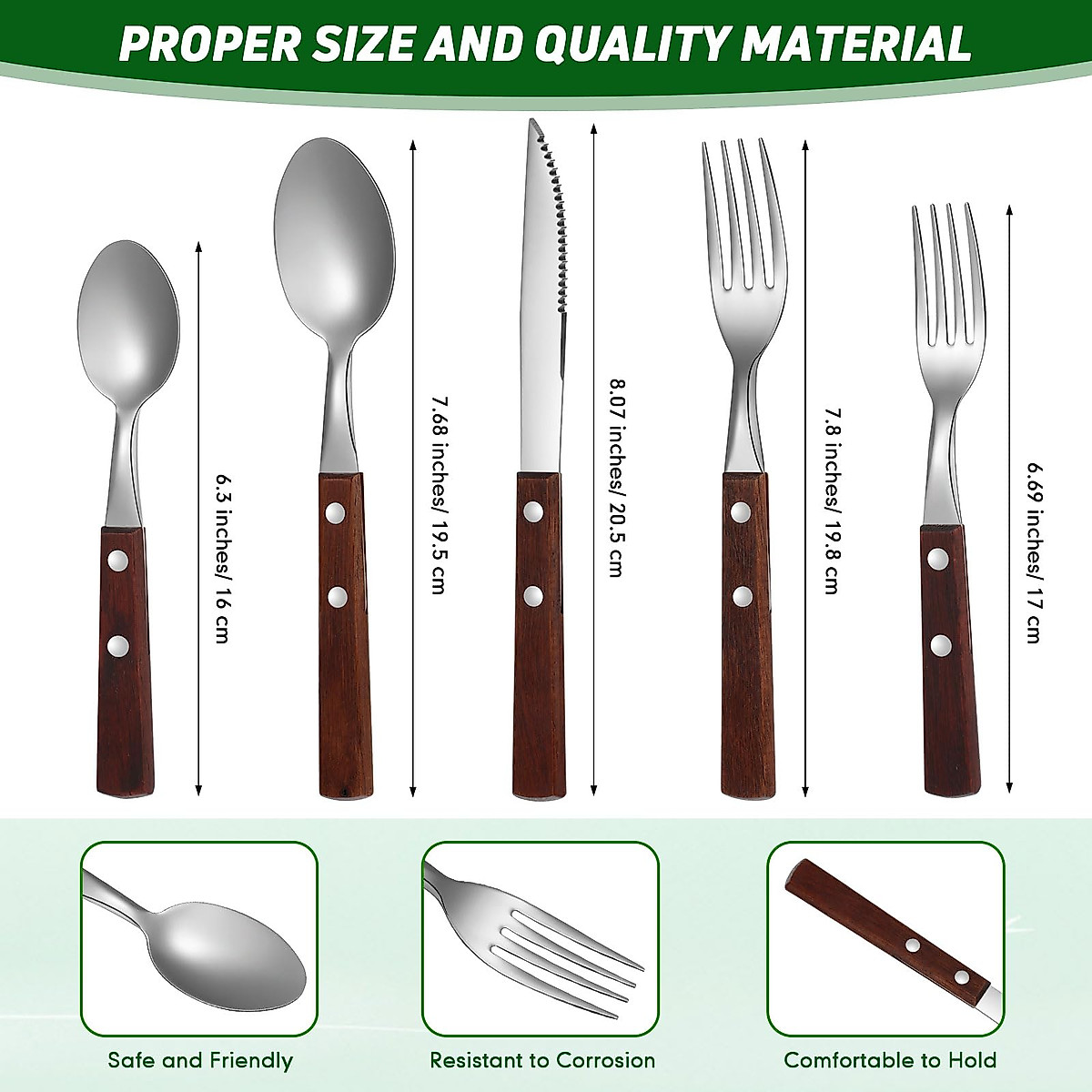 Tanlade 60 Pcs Wooden Handle Silverware Set 18/8 304 Stainless Steel Walnut Handle Flatware Set Reusable Cutlery Set Included Dinner Forks,Salad Forks,Table Knives,Tablespoons,Teaspoons, Serves for 12