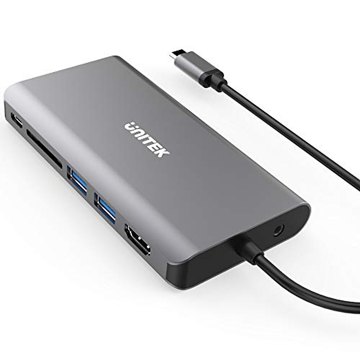 UNITEK Hub USB-C with Power Delivery, HDMI v.1.4 4K@30Hz, Ethernet/Internet Connection, 2 x USB 3.0, USB C with PD 100 W, 20 V/5 A, SD Card Reader, 3.5 mm Audio Connection, Aluminium, Grey