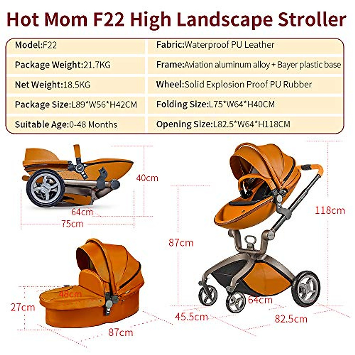 Hot Mom Baby Stroller: Baby Carriage with Adjustable Seat Height Angle and Four-Wheel Shock Absorption,Reversible，High Landscape and Fashional Pram (Brown-2)