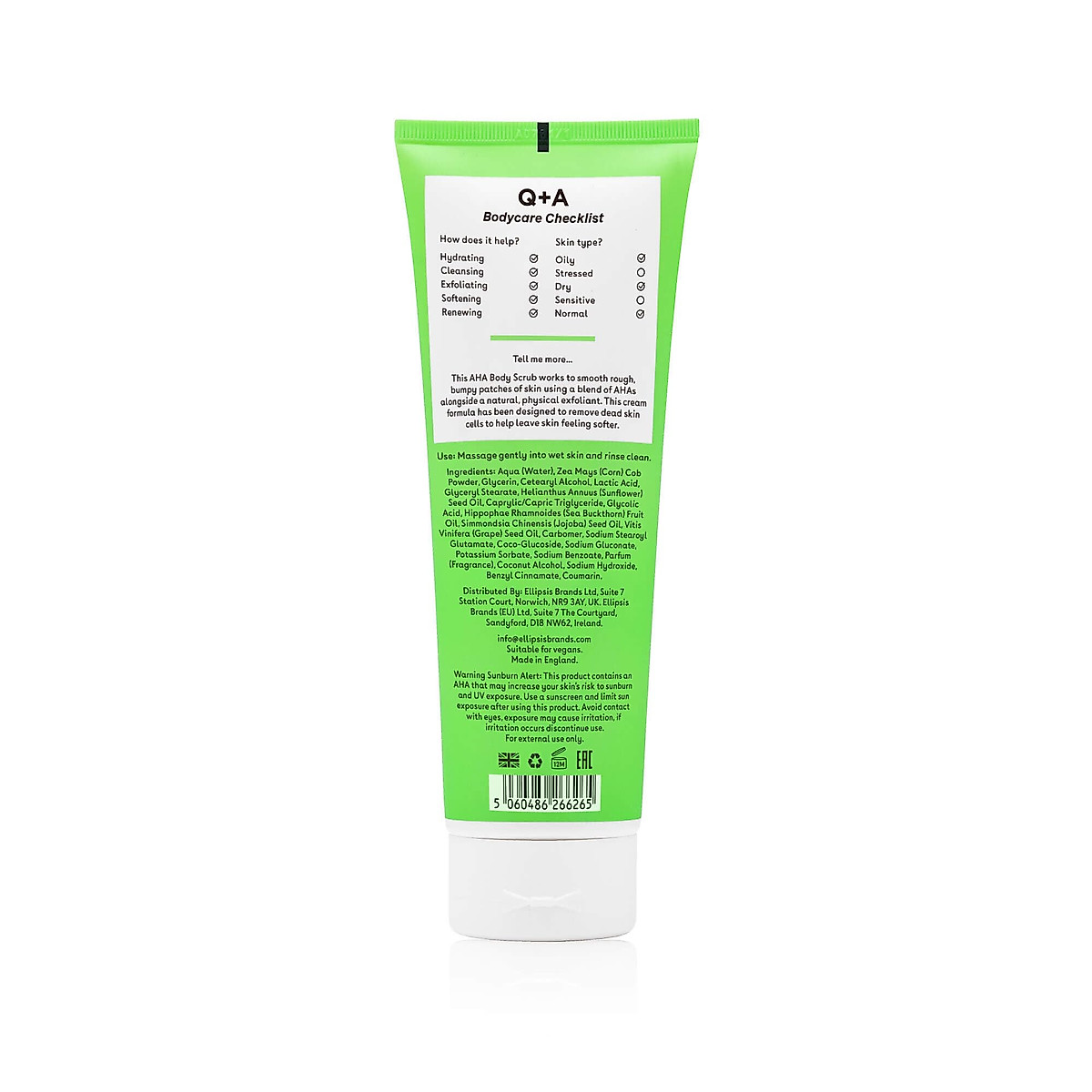 Q+A AHA Exfoliator Body Scrub, blend of AHA’s Lactic Acid and Glycolic Acid combined with exfoliants, improves skin texture and promotes soft and supple skin, 250ml