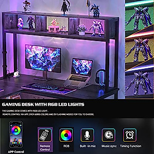 Unikito L Shaped Computer Desk with LED Strip and Power Outlets, Reversible L-Shaped Corner Desk with Storage Shelves and Bag, Industrial Home Office Desk Gaming Table with USB Port, Black Oak