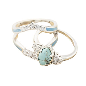 Pingyongchang 3 PCS Ring Set Natural Turquoise Diamond Rings Turquoise Silver Color Rings for Women Turquoise Jewelry Sparkling Natural Gemstone Size 8