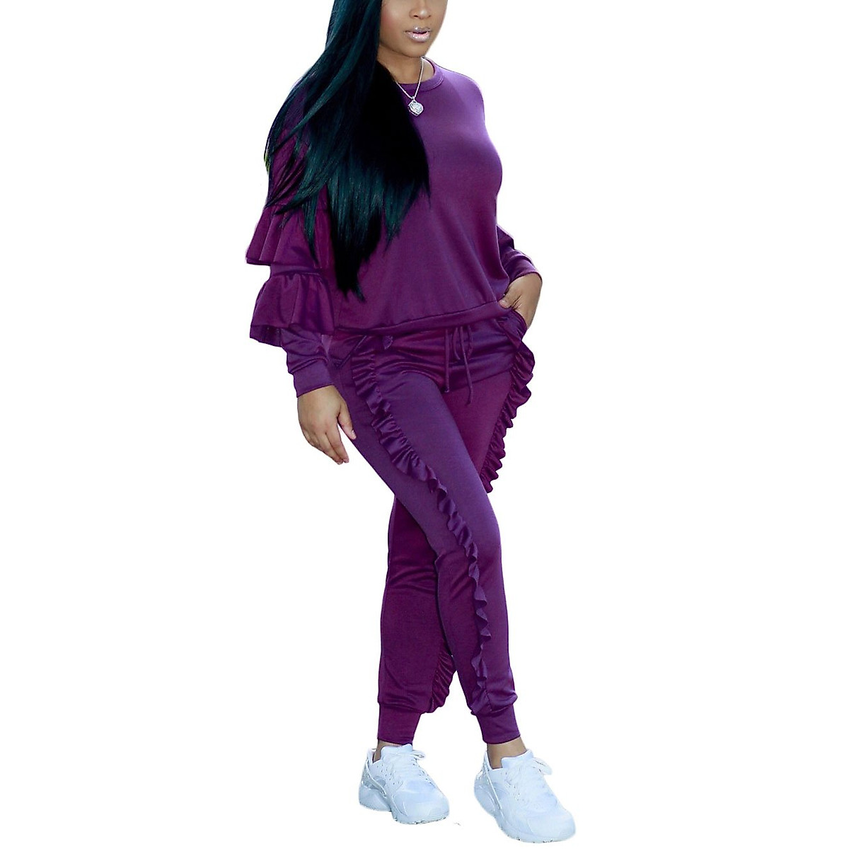 Akmipoem Casual Ruffle Two Piece Outfits Pullover Tops and Pants Jumpsuit Set for Ladies Purple XL