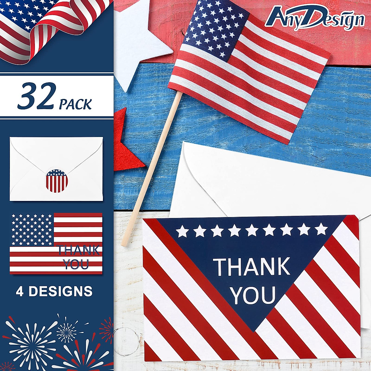 AnyDesign 32 Pack Patriotic Thank You Cards with Envelopes Stickers American Flag Greeting Cards 4th of July USA Note Cards for Party Essentials Independence Day and All Occasions