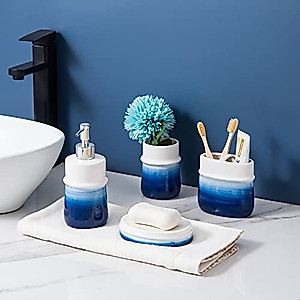 RZCNC Navy Blue Bathroom Accessories Set, 4-Piece Blue Ceramic Bathroom Decorations Accessories Set,Contain Toothbrush Cup,Soap Dispenser,Soap Dish,Tumbler