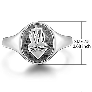 FLYOW S925 Sterling Silver Flaming Sacred Heart Rings Catholic Faith Charm Women Signet Ring Adjustable Love of God Thorn Jewelry Easter Gifts (8)