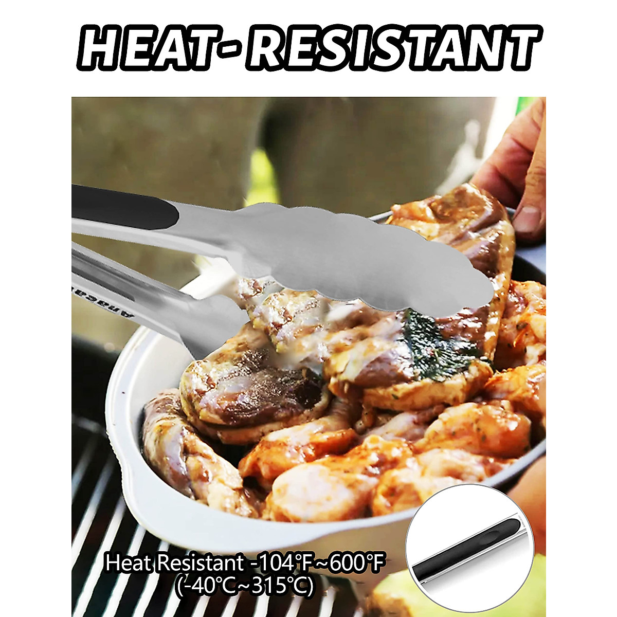 Anaeat Premium Kitchen Locking Tong Set of 3 - Heavy Duty Stainless Steel Food Tongs with Long Handle & Non-Slip Silicone Grip for Cooking, Baking, Grilling - Heat Resistant up to 480°F