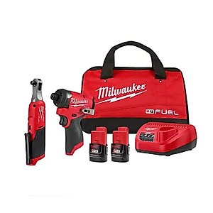 Milwaukee M12 FUEL 12V Lithium-Ion Cordless 3/8 in. Ratchet and 1/4 in. Impact Driver Kit (2-Tool) w/Batteries, Charger & Bag
