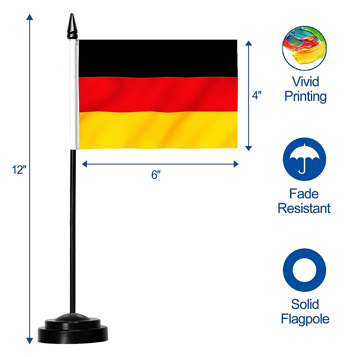 ANLEY Germany Deluxe Desk Flag Set - 6 x 4 Inch Miniature German Desktop Flag with 12" Solid Pole - Vivid Color and Fade Resistant - Black Base and Spear Top