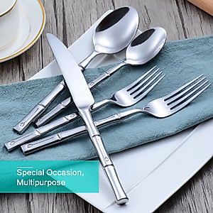 Flatasy Silverware Set Silver Bamboo Handle Flatware Stainless Steel Heavy Cutlery Set 20 Pieces Mirror Polished Spoons Forks and Knives Service for 4