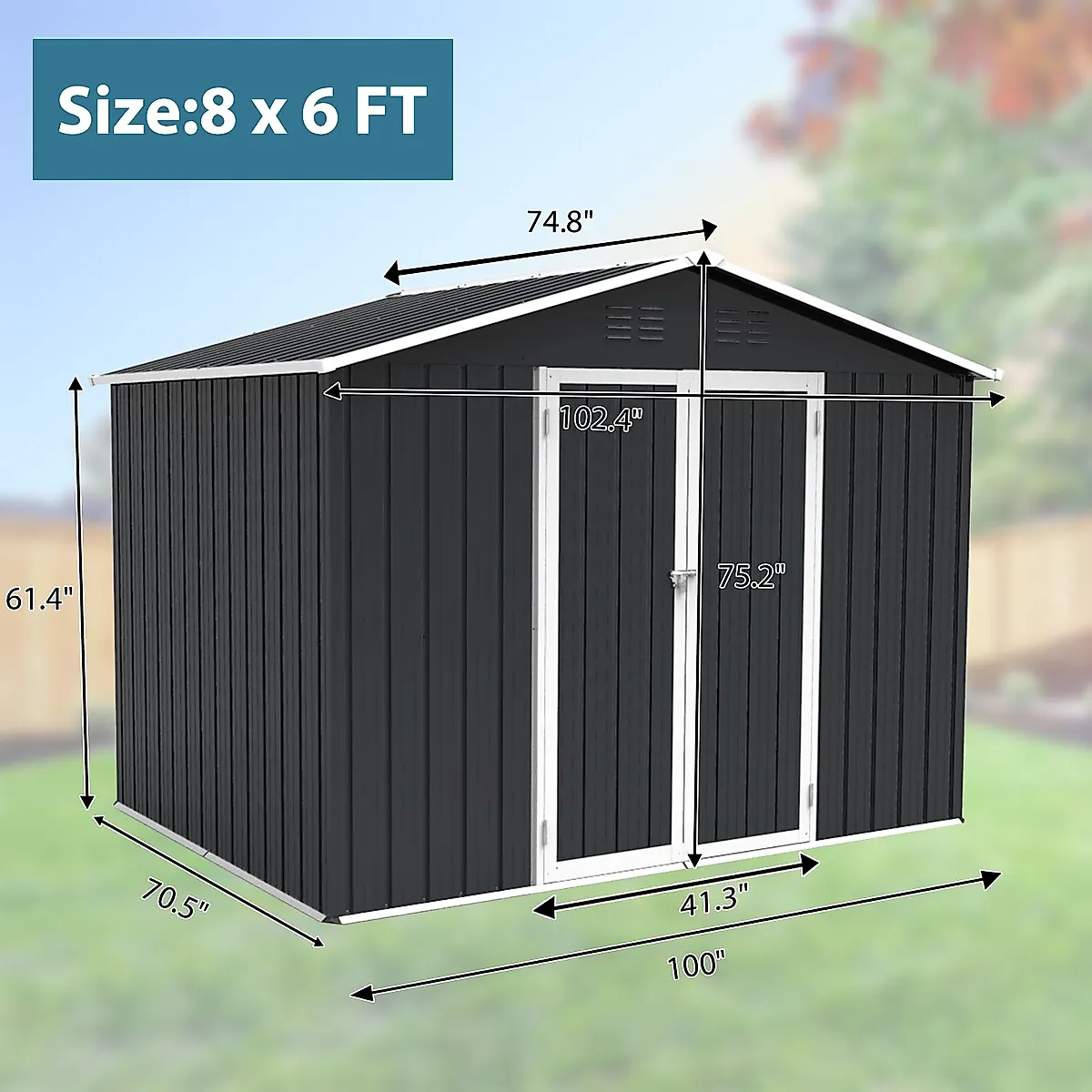 Zevemomo 8 x 6 ft Outdoor Storage Shed, All Weather Metal Shed with Metal Foundation & 2 Lockable Doors, Tool Shed Outdoor Storage for Garden, Patio, Backyard, Lawn, Black