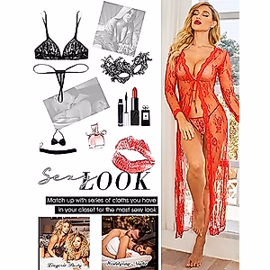 Avidlove Sexy Lingerie Robe for Women Lace Kimono Gown Bridal Babydoll Linngerie Red, M